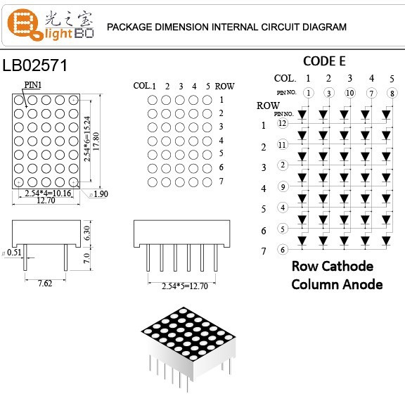 Ultra Bright White 5x7 Led Dot Matrix Display Row Anode 0.7" Moving ...